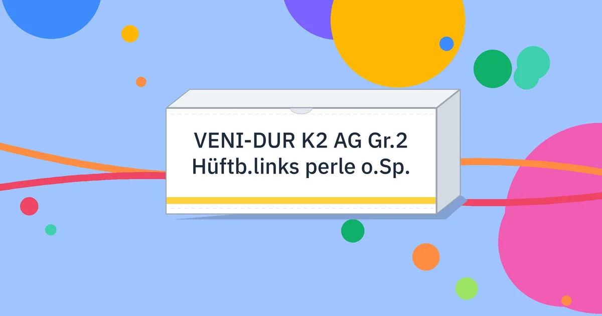 Symbolbild: Packung mit der Aufschrift VENI-DUR K2 AG Gr.2 Hüftb.links perle o.Sp. (PZN 03251961) – Verfügbarkeit und Bezug in Apotheken in Frankfurt am Main