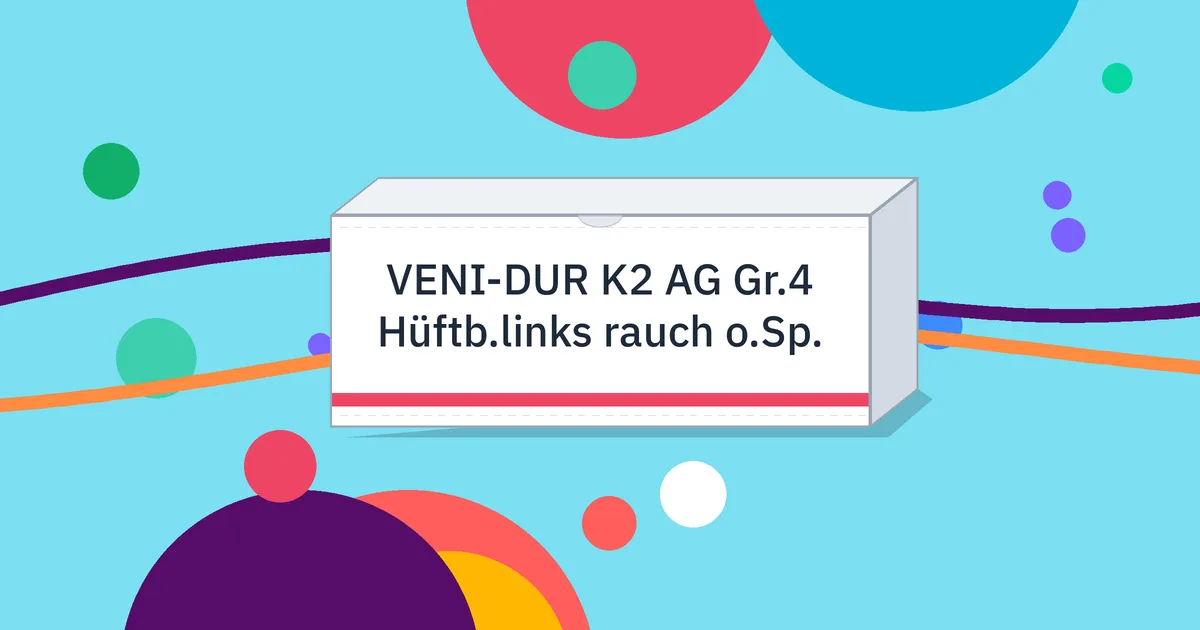 Symbolbild: Packung mit der Aufschrift VENI-DUR K2 AG Gr.4 Hüftb.links rauch o.Sp. (PZN 03253173) – Verfügbarkeit und Bezug in Apotheken in Frankfurt am Main