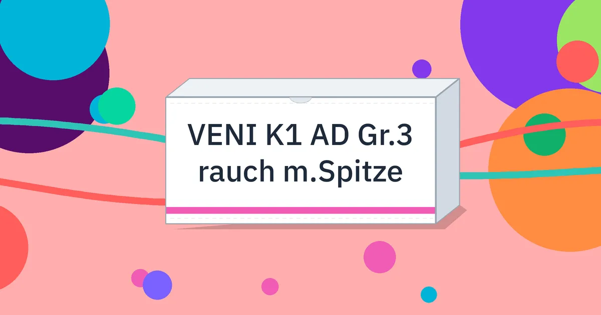 Symbolbild: Packung mit der Aufschrift VENI K1 AD Gr.3 rauch m.Spitze (PZN 08673276) – Verfügbarkeit und Bezug in Apotheken in Frankfurt am Main