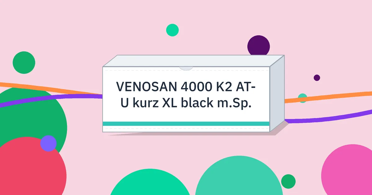 Symbolbild: Packung mit der Aufschrift VENOSAN 4000 K2 AT-U kurz XL black m.Sp. (PZN 14427682) – Verfügbarkeit und Bezug in Apotheken in Frankfurt am Main
