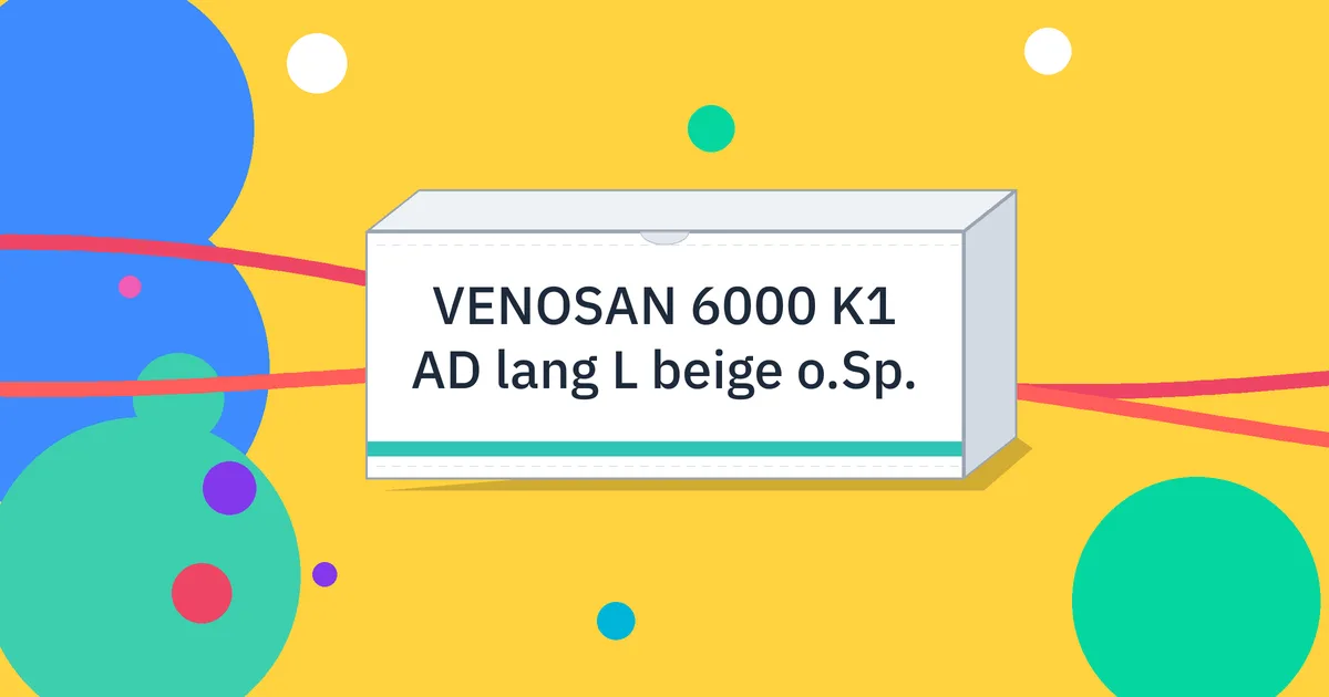 Symbolbild: Packung mit der Aufschrift VENOSAN 6000 K1 AD lang L beige o.Sp. (PZN 17170982) – Verfügbarkeit und Bezug in Apotheken in Frankfurt am Main