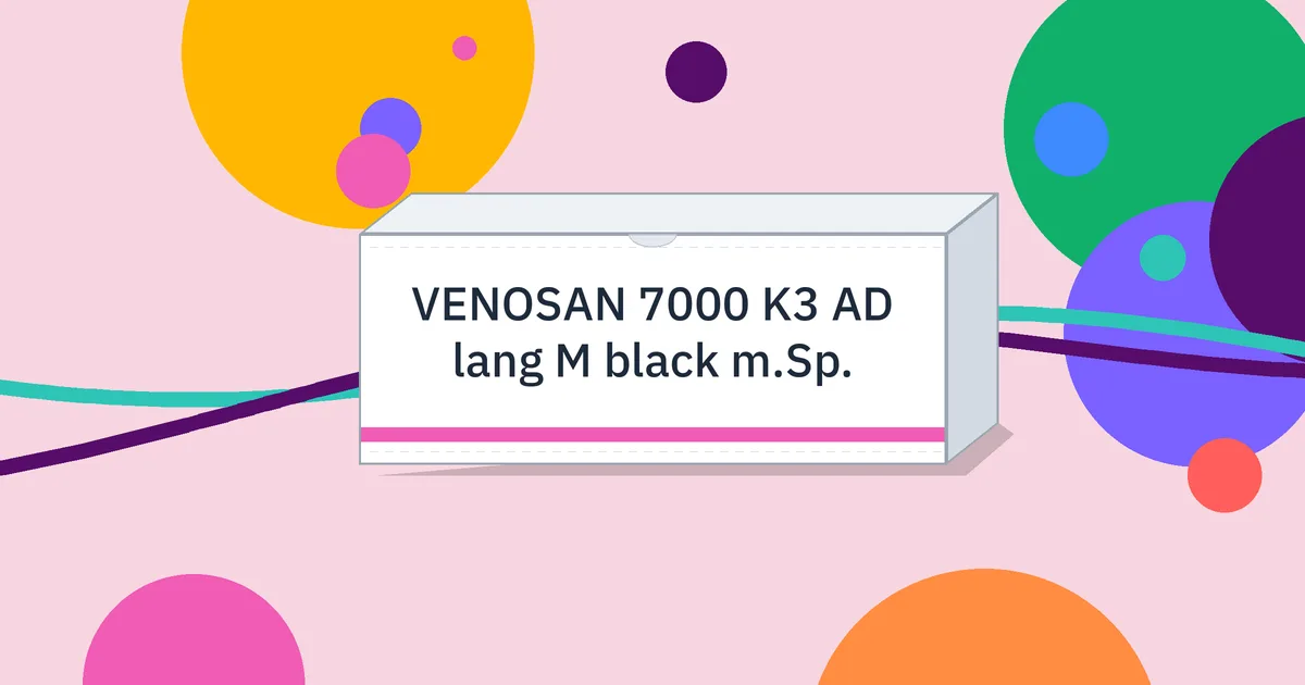 Symbolbild: Packung mit der Aufschrift VENOSAN 7000 K3 AD lang M black m.Sp. (PZN 14436132) – Verfügbarkeit und Bezug in Apotheken in Frankfurt am Main
