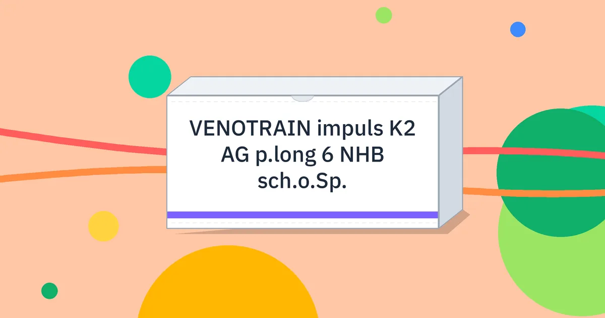 Symbolbild: Packung mit der Aufschrift VENOTRAIN impuls K2 AG p.long 6 NHB sch.o.Sp. (PZN 00520751) – Verfügbarkeit und Bezug in Apotheken in Frankfurt am Main