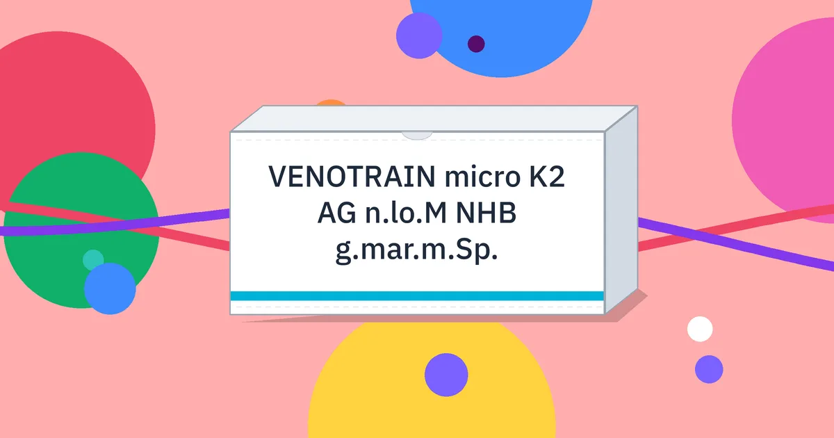 Symbolbild: Packung mit der Aufschrift VENOTRAIN micro K2 AG n.lo.M NHB g.mar.m.Sp. (PZN 04647388) – Verfügbarkeit und Bezug in Apotheken in Frankfurt am Main