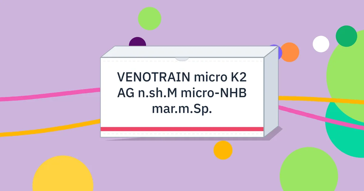 Symbolbild: Packung mit der Aufschrift VENOTRAIN micro K2 AG n.sh.M micro-NHB mar.m.Sp. (PZN 16066053) – Verfügbarkeit und Bezug in Apotheken in Frankfurt am Main