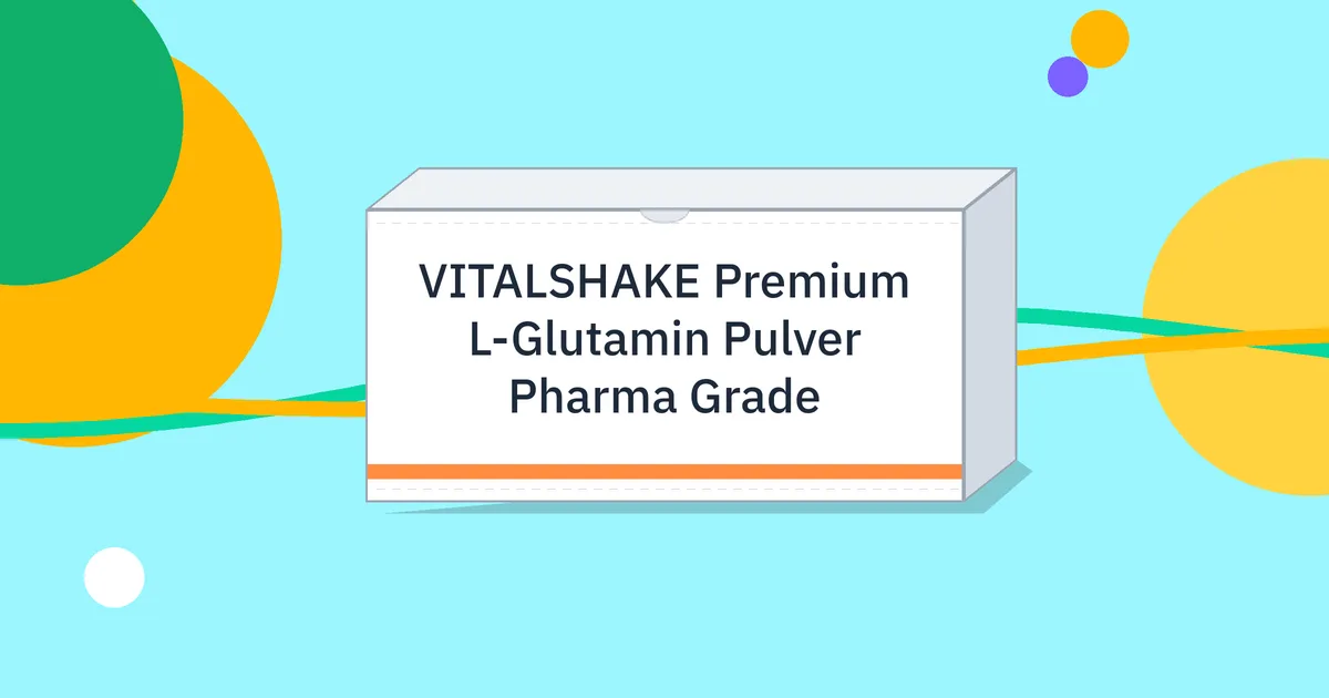 Symbolbild: Packung mit der Aufschrift VITALSHAKE Premium L-Glutamin Pulver Pharma Grade (PZN 15638665) – Verfügbarkeit und Bezug in Apotheken in Frankfurt am Main