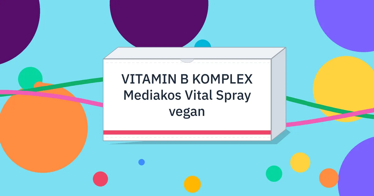 Symbolbild: Packung mit der Aufschrift VITAMIN B KOMPLEX Mediakos Vital Spray vegan (PZN 18299784) – Verfügbarkeit und Bezug in Apotheken in Frankfurt am Main
