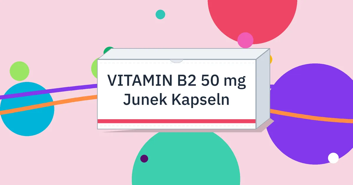 Symbolbild: Packung mit der Aufschrift VITAMIN B2 50 mg Junek Kapseln (PZN 16572276) – Verfügbarkeit und Bezug in Apotheken in Frankfurt am Main