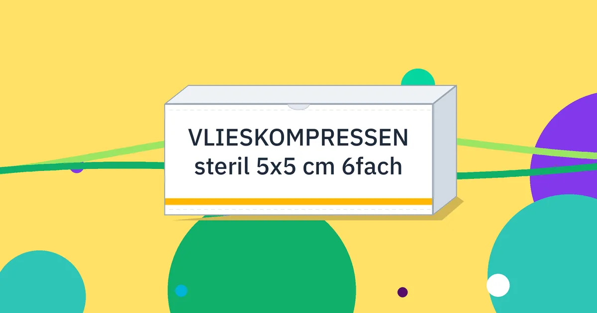 Symbolbild: Packung mit der Aufschrift VLIESKOMPRESSEN steril 5x5 cm 6fach (PZN 12350662) – Verfügbarkeit und Bezug in Apotheken in Frankfurt am Main