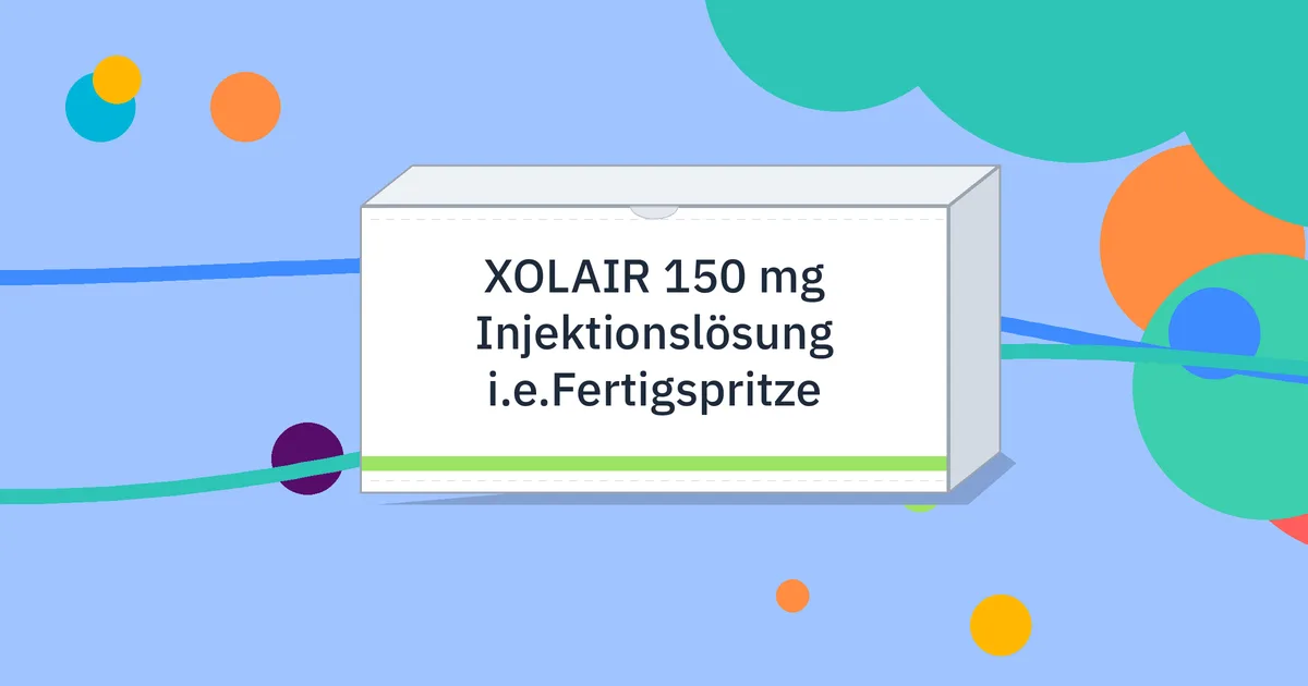 Symbolbild: Packung mit der Aufschrift XOLAIR 150 mg Injektionslösung i.e.Fertigspritze (PZN 20005850) – Verfügbarkeit und Bezug in Apotheken in Frankfurt am Main