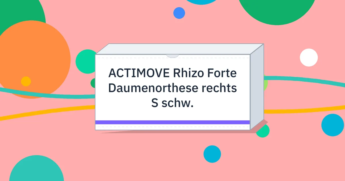 Symbolbild: Packung mit der Aufschrift ACTIMOVE Rhizo Forte Daumenorthese rechts S schw. (PZN 18017515) – Verfügbarkeit und Bezug in Apotheken in Frankfurt am Main
