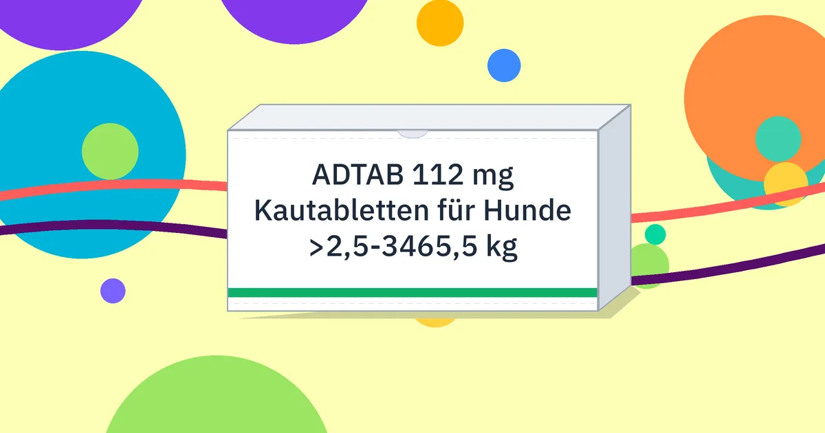 Symbolbild: Packung mit der Aufschrift ADTAB 112 mg Kautabletten für Hunde >2,5-3465,5 kg (PZN 18752640) – Verfügbarkeit und Bezug in Apotheken in Frankfurt am Main