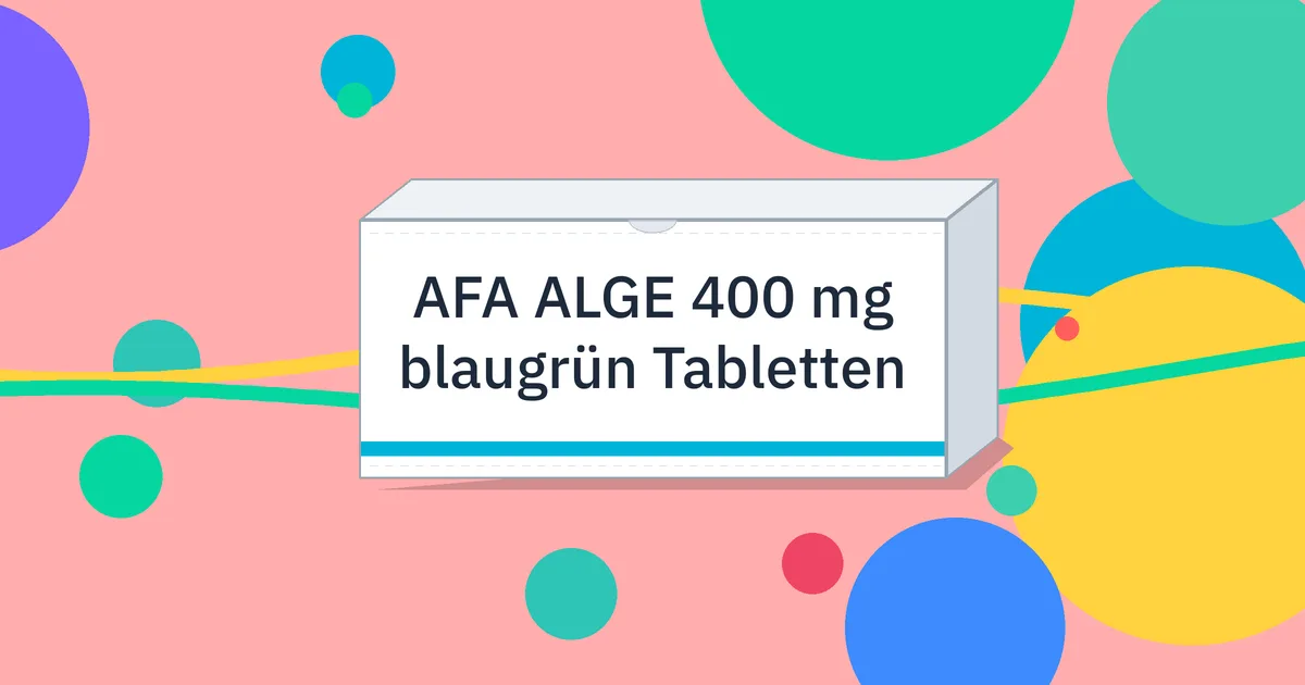 Symbolbild: Packung mit der Aufschrift AFA ALGE 400 mg blaugrün Tabletten (PZN 01523786) – Verfügbarkeit und Bezug in Apotheken in Frankfurt am Main