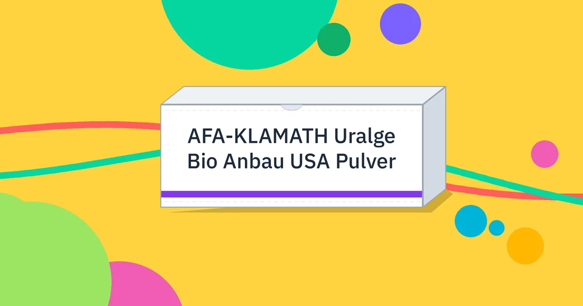 Symbolbild: Packung mit der Aufschrift AFA-KLAMATH Uralge Bio Anbau USA Pulver (PZN 03082033) – Verfügbarkeit und Bezug in Apotheken in Frankfurt am Main