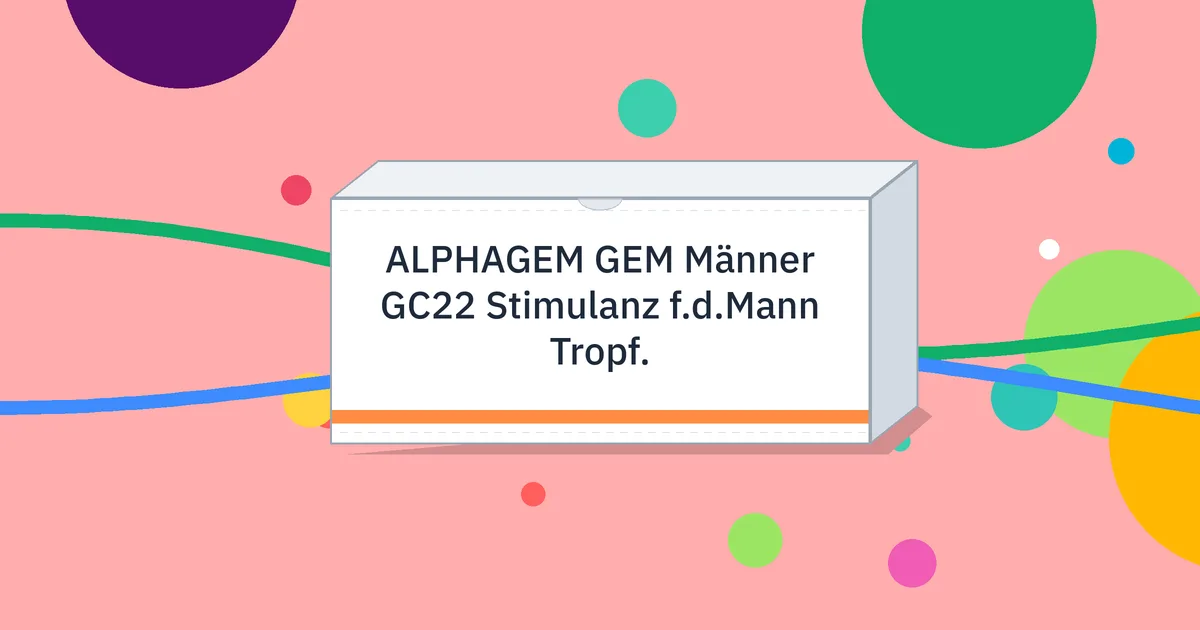 Symbolbild: Packung mit der Aufschrift ALPHAGEM GEM Männer GC22 Stimulanz f.d.Mann Tropf. (PZN 20296675) – Verfügbarkeit und Bezug in Apotheken in Frankfurt am Main
