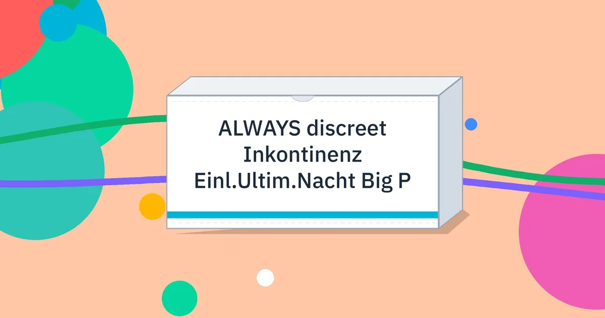 Symbolbild: Packung mit der Aufschrift ALWAYS discreet Inkontinenz Einl.Ultim.Nacht Big P (PZN 18599440) – Verfügbarkeit und Bezug in Apotheken in Frankfurt am Main