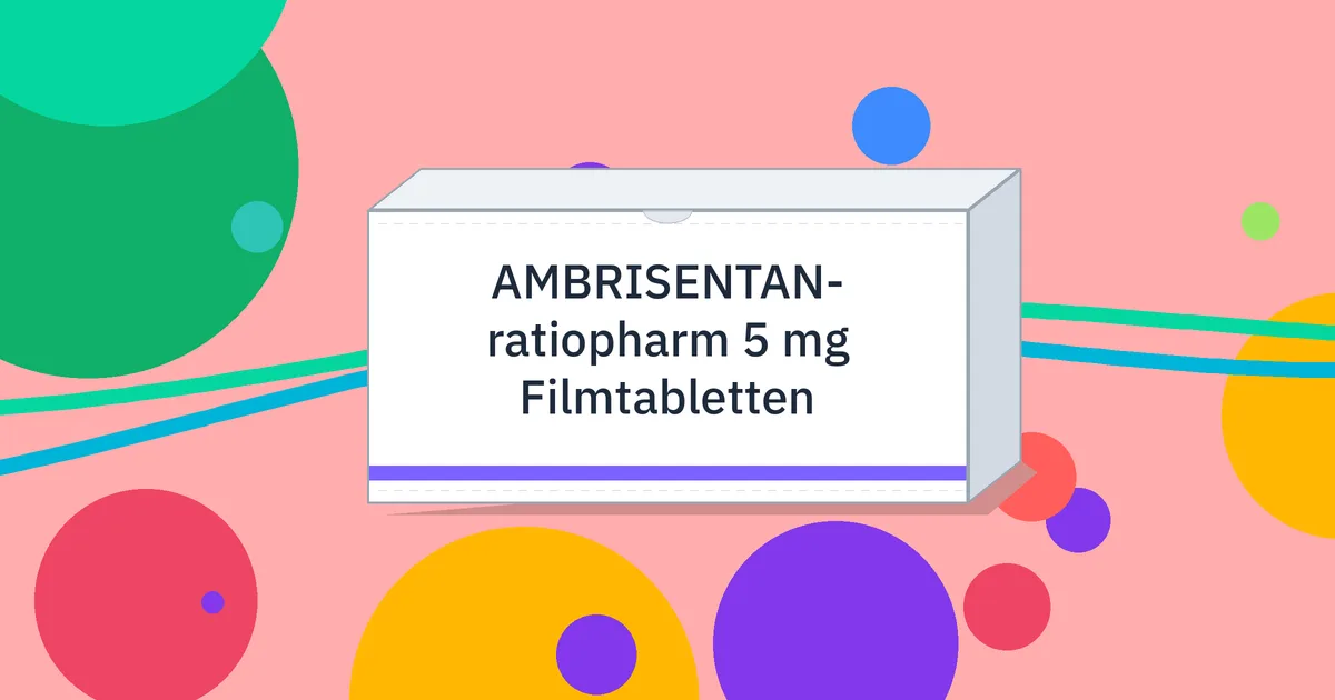 Symbolbild: Packung mit der Aufschrift AMBRISENTAN-ratiopharm 5 mg Filmtabletten (PZN 16487843) – Verfügbarkeit und Bezug in Apotheken in Frankfurt am Main