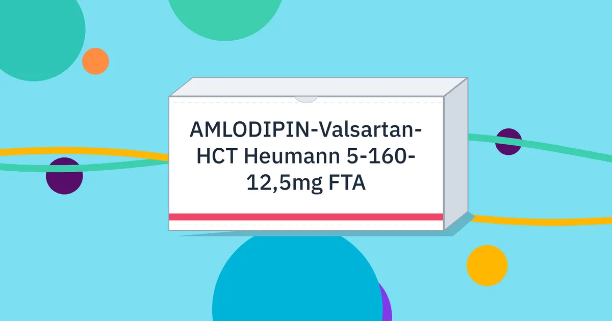 Symbolbild: Packung mit der Aufschrift AMLODIPIN-Valsartan-HCT Heumann 5-160-12,5mg FTA (PZN 14235586) – Verfügbarkeit und Bezug in Apotheken in Frankfurt am Main