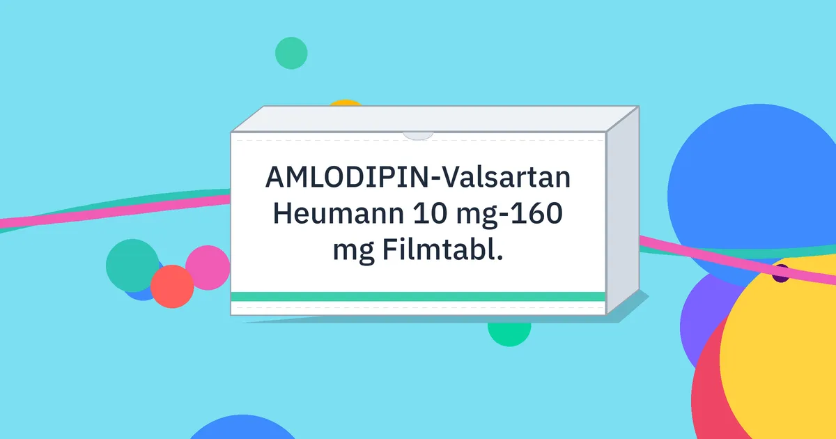 Symbolbild: Packung mit der Aufschrift AMLODIPIN-Valsartan Heumann 10 mg-160 mg Filmtabl. (PZN 14214963) – Verfügbarkeit und Bezug in Apotheken in Frankfurt am Main