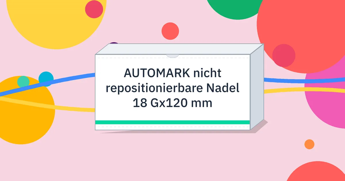 Symbolbild: Packung mit der Aufschrift AUTOMARK nicht repositionierbare Nadel 18 Gx120 mm (PZN 19736726) – Verfügbarkeit und Bezug in Apotheken in Frankfurt am Main