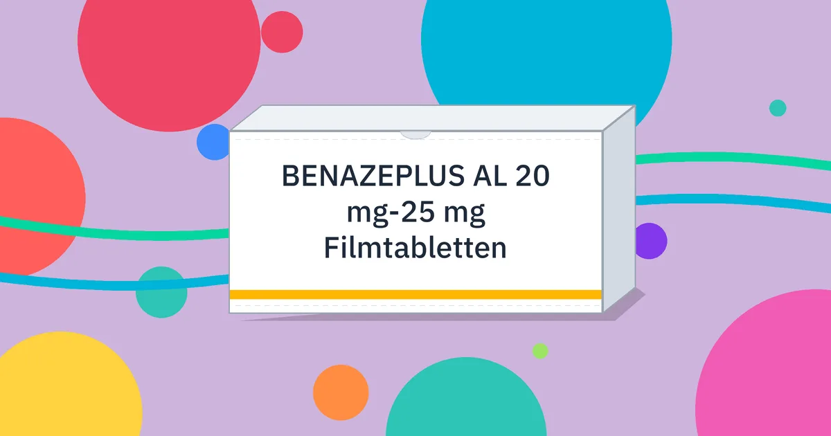 Symbolbild: Packung mit der Aufschrift BENAZEPLUS AL 20 mg-25 mg Filmtabletten (PZN 04351653) – Verfügbarkeit und Bezug in Apotheken in Frankfurt am Main