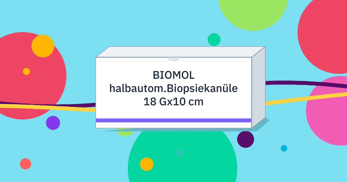 Symbolbild: Packung mit der Aufschrift BIOMOL halbautom.Biopsiekanüle 18 Gx10 cm (PZN 06123761) – Verfügbarkeit und Bezug in Apotheken in Frankfurt am Main