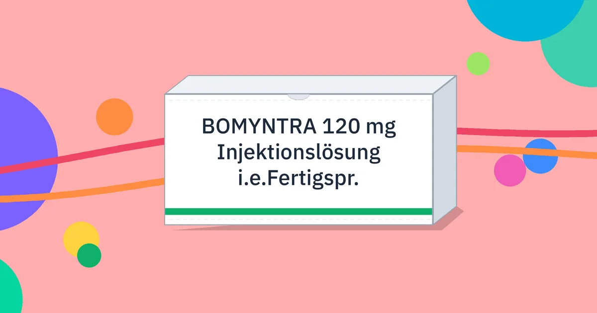 Symbolbild: Packung mit der Aufschrift BOMYNTRA 120 mg Injektionslösung i.e.Fertigspr. (PZN 20657831) – Verfügbarkeit und Bezug in Apotheken in Frankfurt am Main