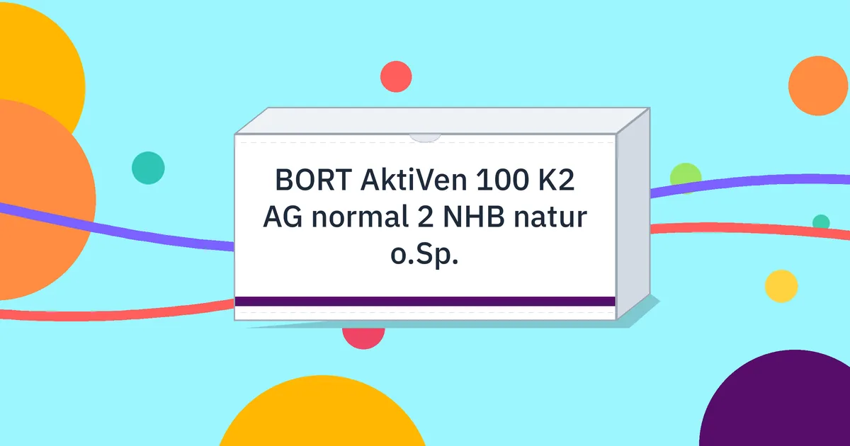 Symbolbild: Packung mit der Aufschrift BORT AktiVen 100 K2 AG normal 2 NHB natur o.Sp. (PZN 13730042) – Verfügbarkeit und Bezug in Apotheken in Frankfurt am Main