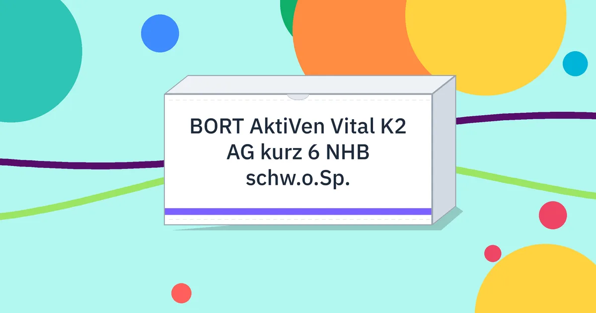 Symbolbild: Packung mit der Aufschrift BORT AktiVen Vital K2 AG kurz 6 NHB schw.o.Sp. (PZN 12384767) – Verfügbarkeit und Bezug in Apotheken in Frankfurt am Main