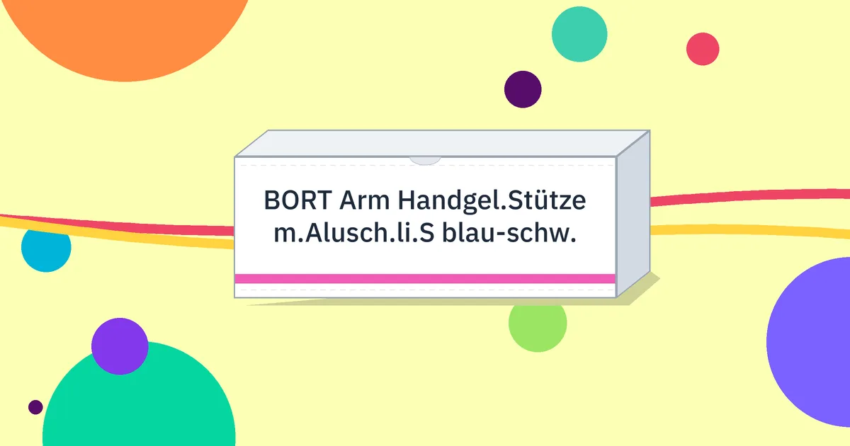 Symbolbild: Packung mit der Aufschrift BORT Arm Handgel.Stütze m.Alusch.li.S blau-schw. (PZN 04195934) – Verfügbarkeit und Bezug in Apotheken in Frankfurt am Main
