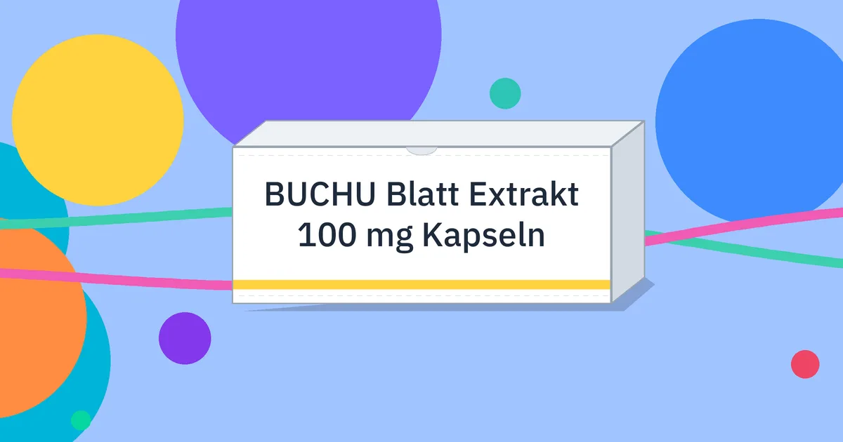 Symbolbild: Packung mit der Aufschrift BUCHU Blatt Extrakt 100 mg Kapseln (PZN 19642439) – Verfügbarkeit und Bezug in Apotheken in Frankfurt am Main