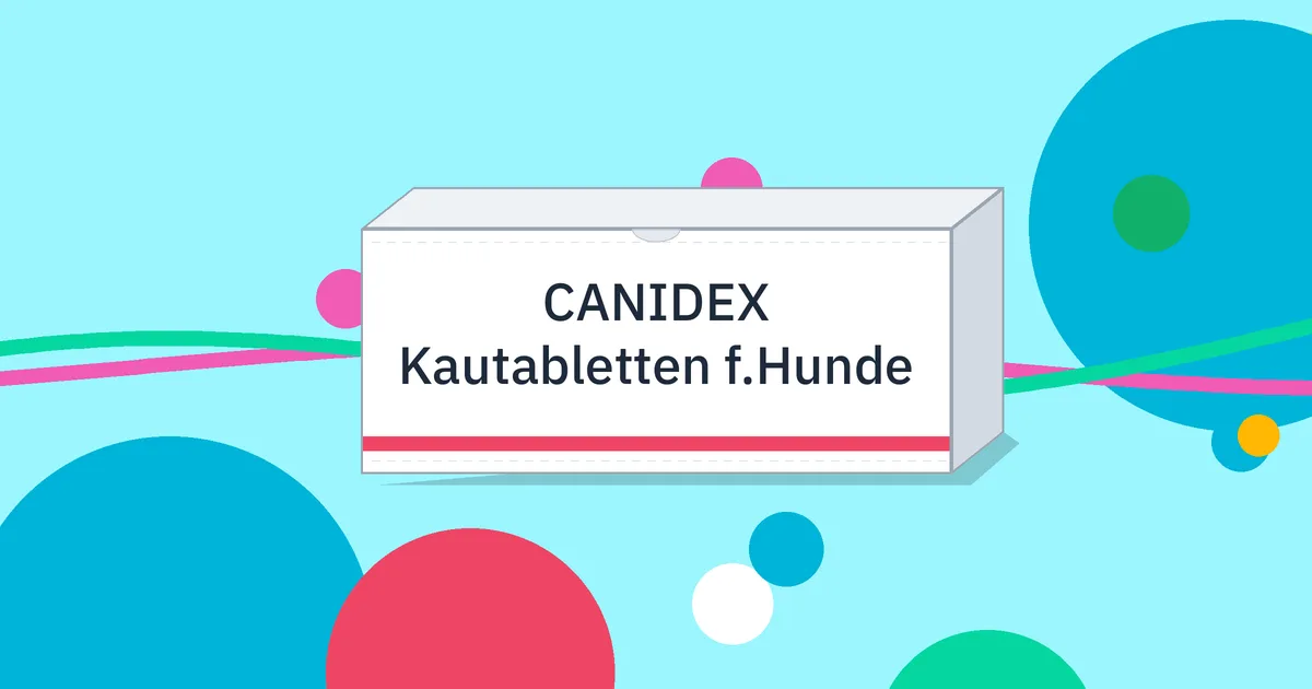 Symbolbild: Packung mit der Aufschrift CANIDEX Kautabletten f.Hunde (PZN 17834815) – Verfügbarkeit und Bezug in Apotheken in Frankfurt am Main