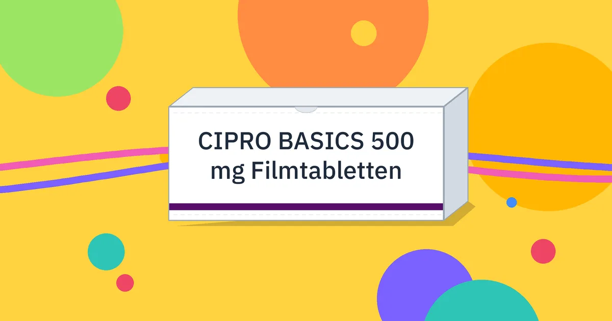Symbolbild: Packung mit der Aufschrift CIPRO BASICS 500 mg Filmtabletten (PZN 02709139) – Verfügbarkeit und Bezug in Apotheken in Frankfurt am Main