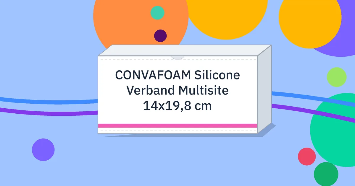 Symbolbild: Packung mit der Aufschrift CONVAFOAM Silicone Verband Multisite 14x19,8 cm (PZN 19862626) – Verfügbarkeit und Bezug in Apotheken in Frankfurt am Main