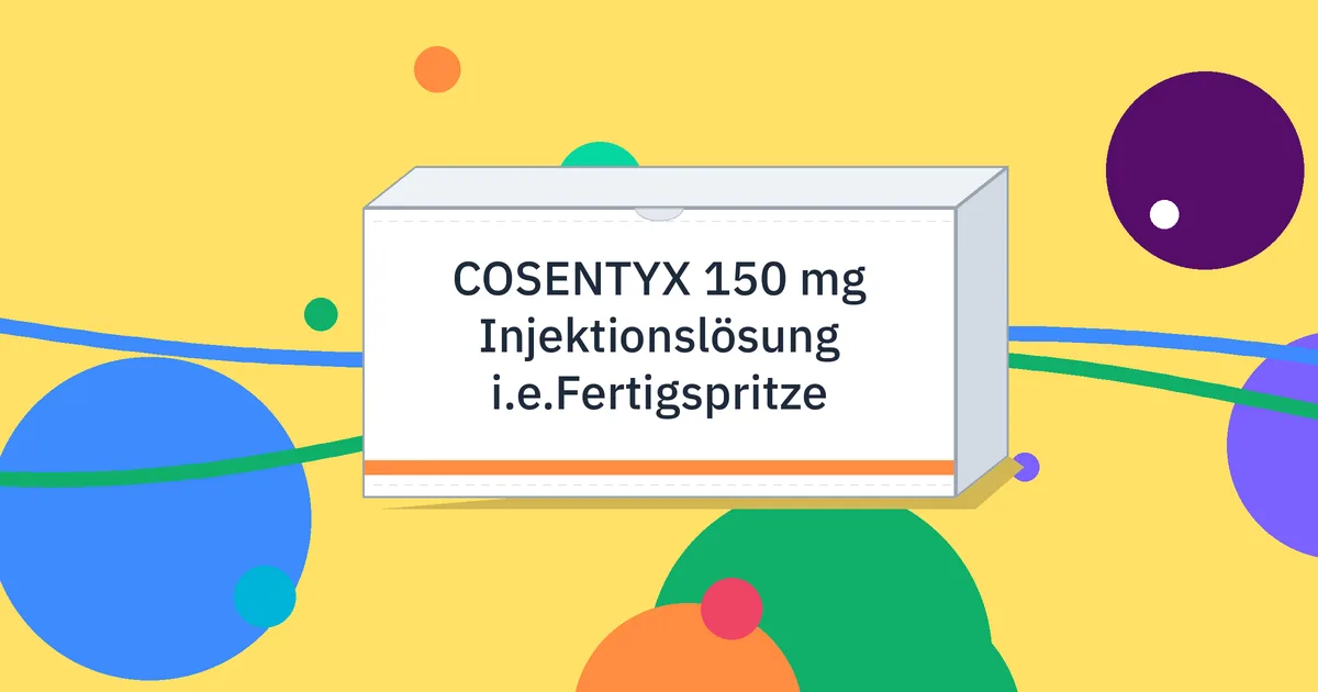 Symbolbild: Packung mit der Aufschrift COSENTYX 150 mg Injektionslösung i.e.Fertigspritze (PZN 12733593) – Verfügbarkeit und Bezug in Apotheken in Frankfurt am Main