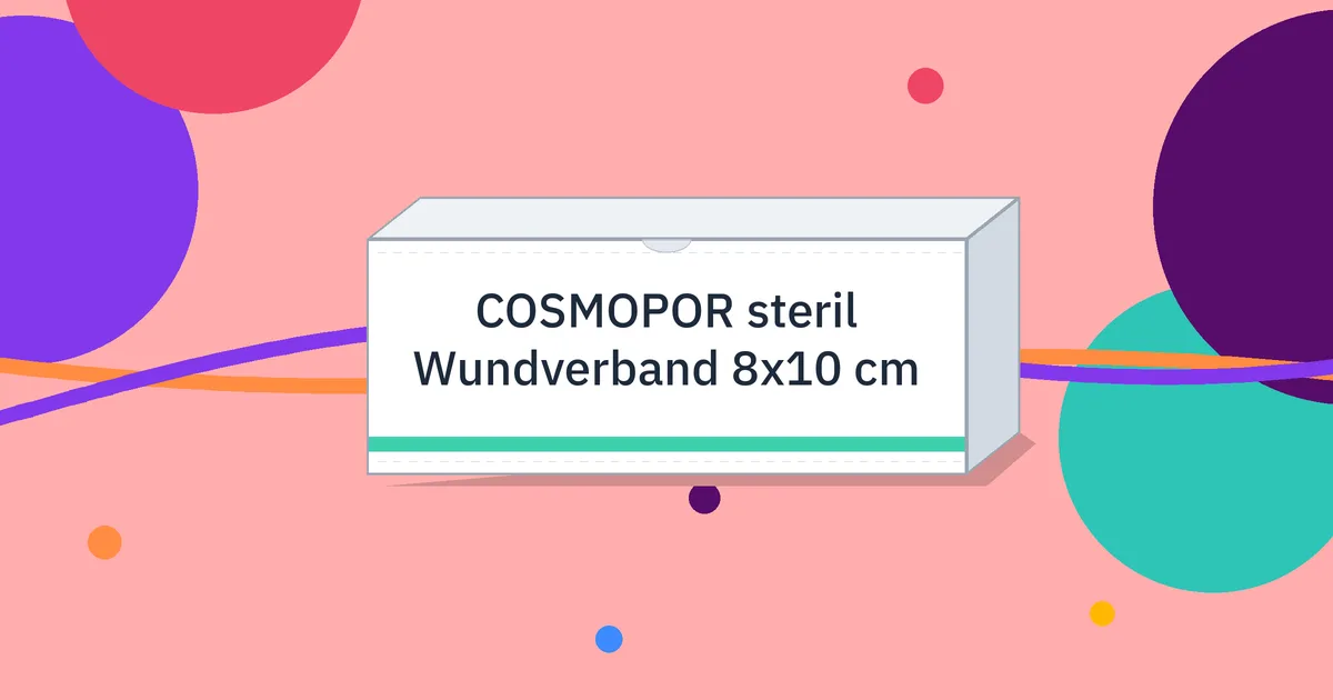 Symbolbild: Packung mit der Aufschrift COSMOPOR steril Wundverband 8x10 cm (PZN 19374105) – Verfügbarkeit und Bezug in Apotheken in Frankfurt am Main