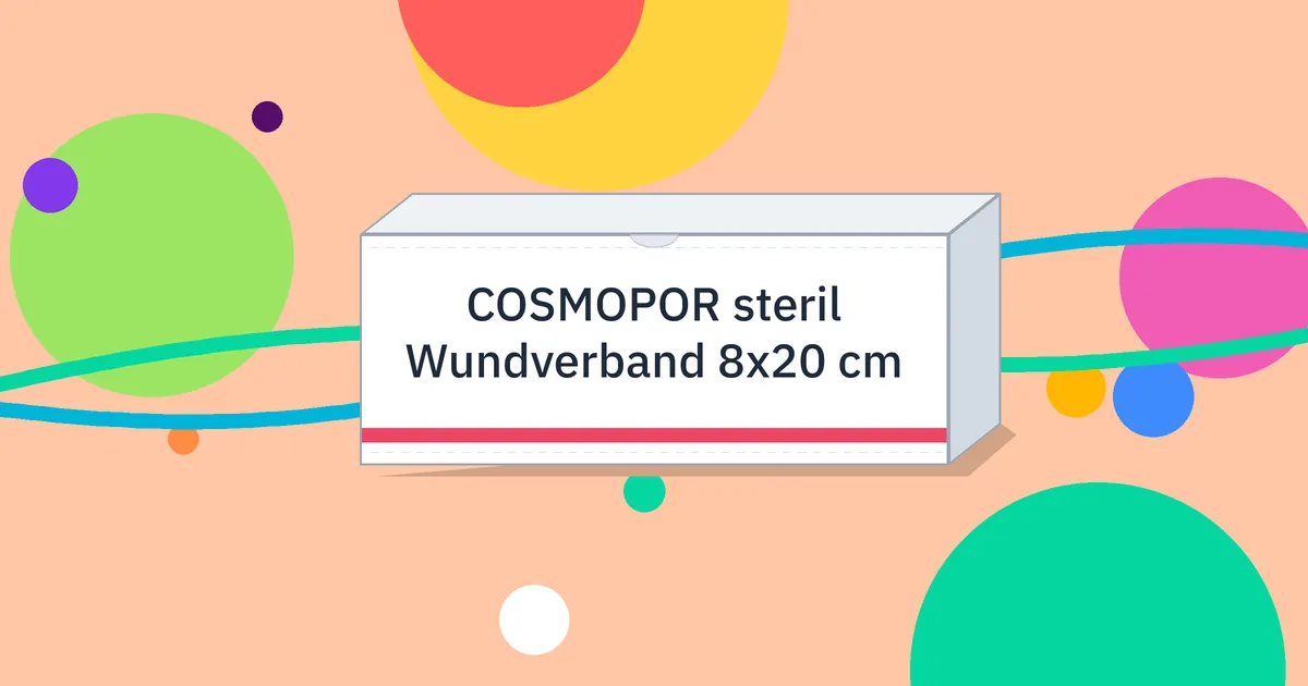 Symbolbild: Packung mit der Aufschrift COSMOPOR steril Wundverband 8x20 cm (PZN 18715403) – Verfügbarkeit und Bezug in Apotheken in Frankfurt am Main