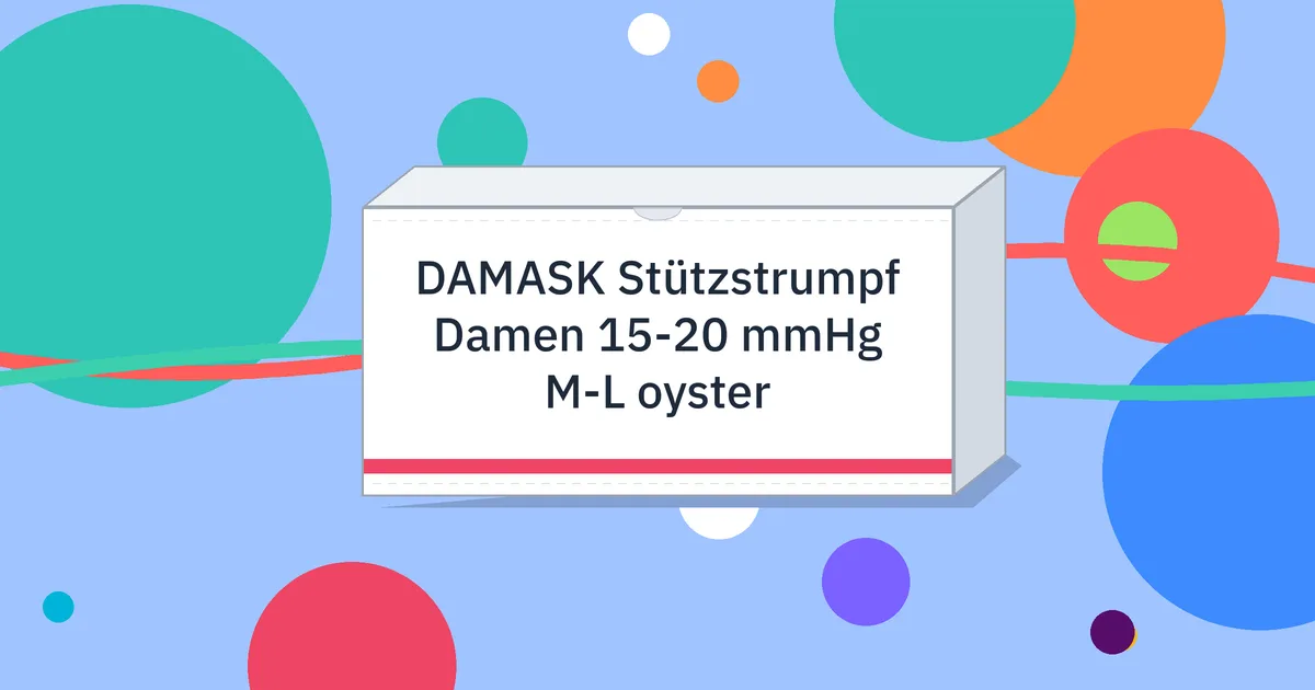 Symbolbild: Packung mit der Aufschrift DAMASK Stützstrumpf Damen 15-20 mmHg M-L oyster (PZN 20112557) – Verfügbarkeit und Bezug in Apotheken in Frankfurt am Main