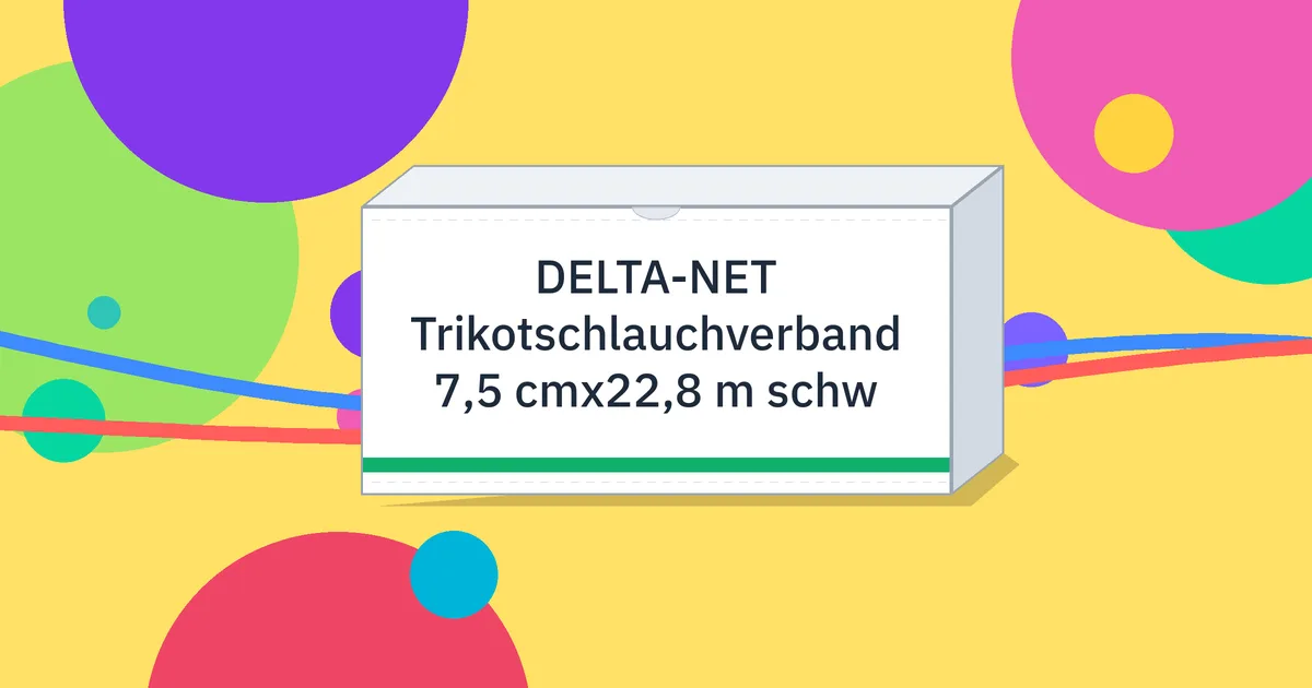 Symbolbild: Packung mit der Aufschrift DELTA-NET Trikotschlauchverband 7,5 cmx22,8 m schw (PZN 16127435) – Verfügbarkeit und Bezug in Apotheken in Frankfurt am Main