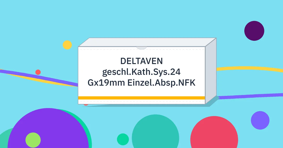 Symbolbild: Packung mit der Aufschrift DELTAVEN geschl.Kath.Sys.24 Gx19mm Einzel.Absp.NFK (PZN 13977297) – Verfügbarkeit und Bezug in Apotheken in Frankfurt am Main