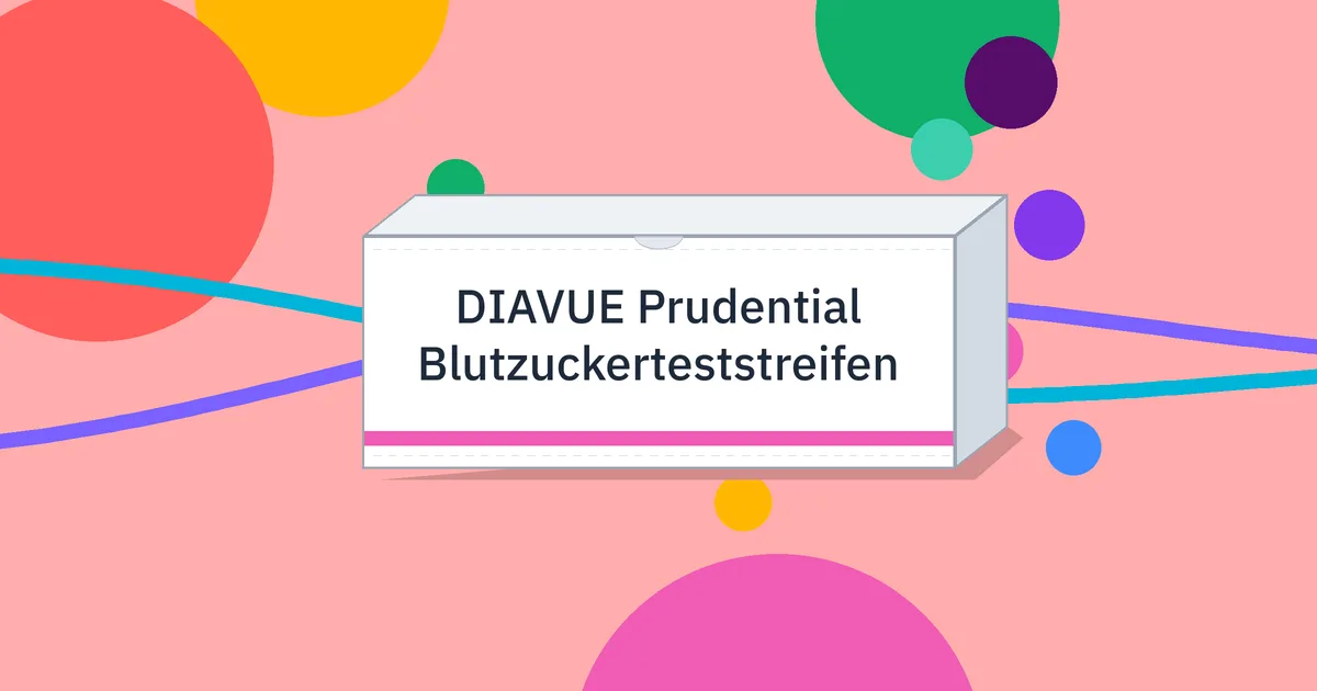 Symbolbild: Packung mit der Aufschrift DIAVUE Prudential Blutzuckerteststreifen (PZN 19768531) – Verfügbarkeit und Bezug in Apotheken in Frankfurt am Main