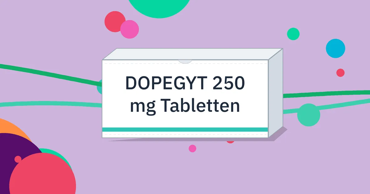 Symbolbild: Packung mit der Aufschrift DOPEGYT 250 mg Tabletten (PZN 04630287) – Verfügbarkeit und Bezug in Apotheken in Frankfurt am Main