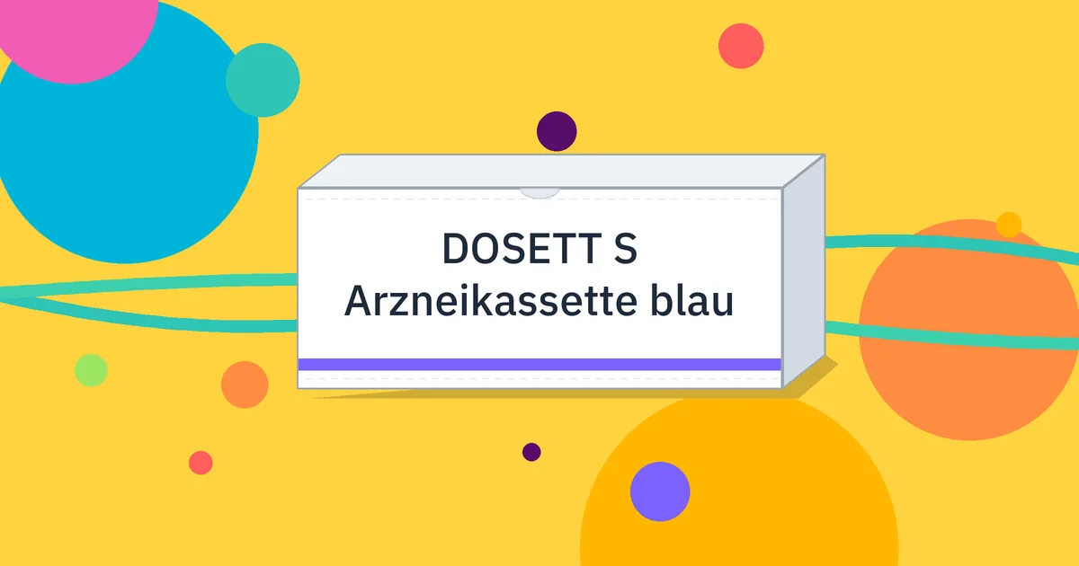 Symbolbild: Packung mit der Aufschrift DOSETT S Arzneikassette blau (PZN 08484658) – Verfügbarkeit und Bezug in Apotheken in Frankfurt am Main