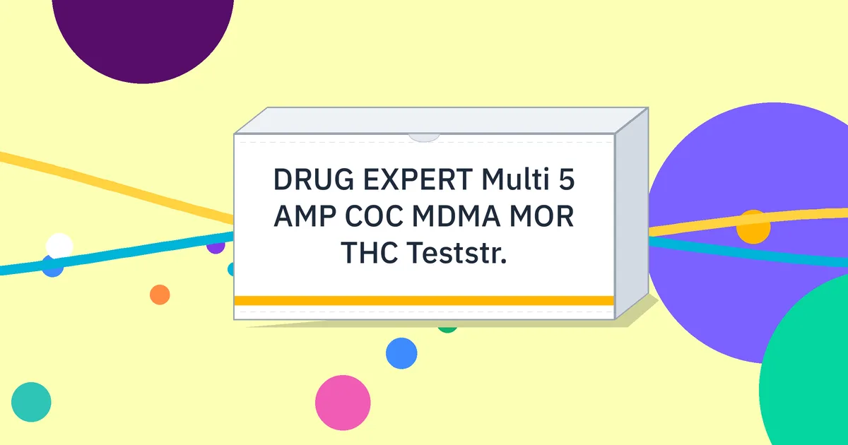 Symbolbild: Packung mit der Aufschrift DRUG EXPERT Multi 5 AMP COC MDMA MOR THC Teststr. (PZN 15426561) – Verfügbarkeit und Bezug in Apotheken in Frankfurt am Main
