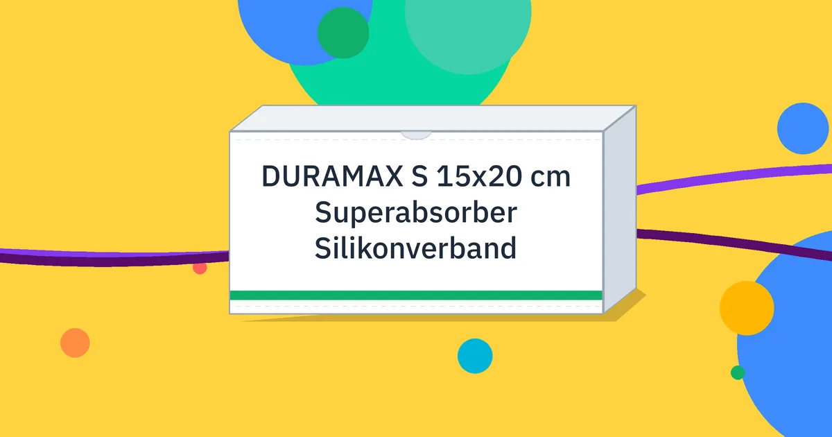 Symbolbild: Packung mit der Aufschrift DURAMAX S 15x20 cm Superabsorber Silikonverband (PZN 20109058) – Verfügbarkeit und Bezug in Apotheken in Frankfurt am Main
