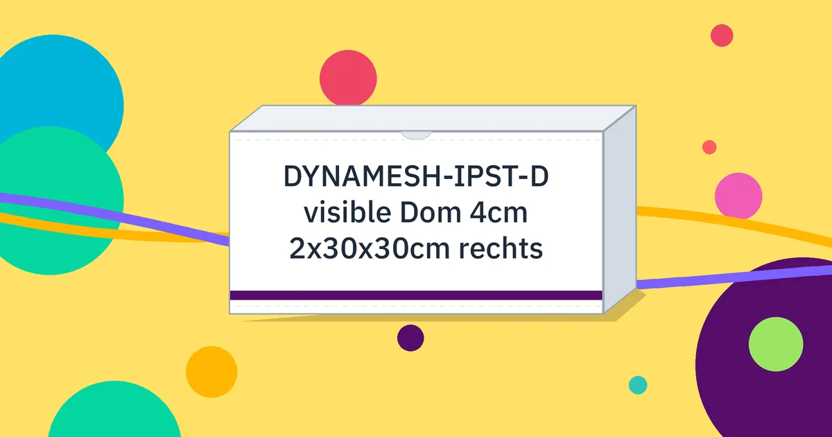 Symbolbild: Packung mit der Aufschrift DYNAMESH-IPST-D visible Dom 4cm 2x30x30cm rechts (PZN 19389360) – Verfügbarkeit und Bezug in Apotheken in Frankfurt am Main