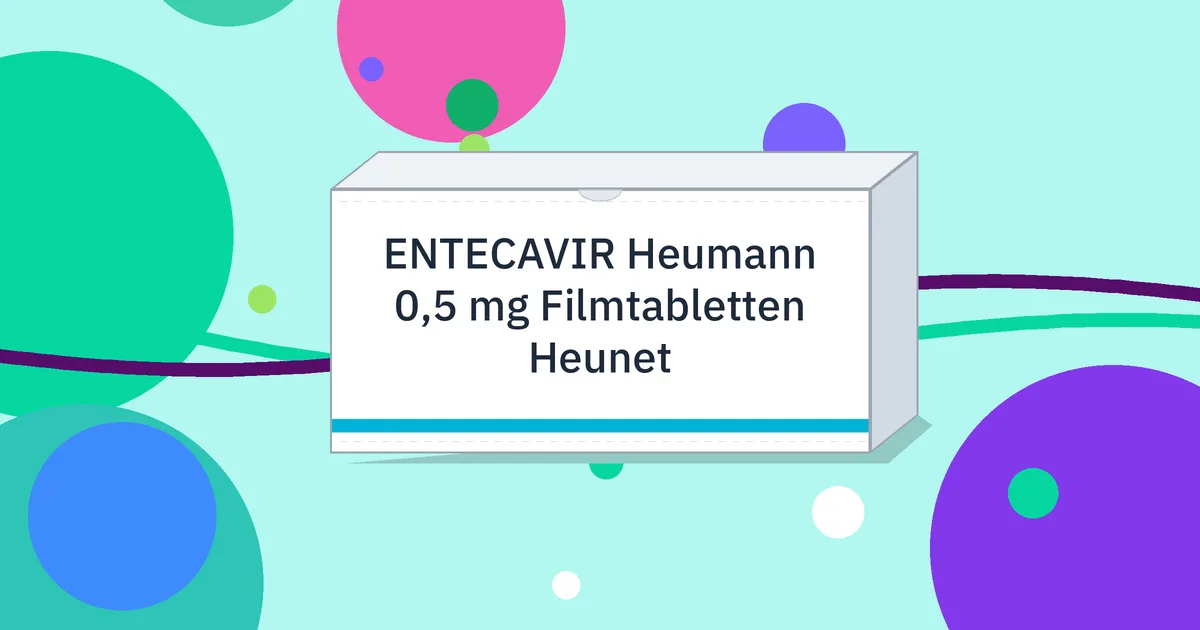 Symbolbild: Packung mit der Aufschrift ENTECAVIR Heumann 0,5 mg Filmtabletten Heunet (PZN 18093083) – Verfügbarkeit und Bezug in Apotheken in Frankfurt am Main