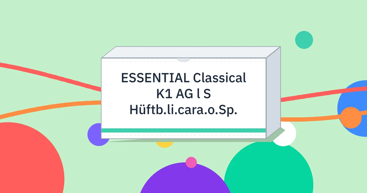 Symbolbild: Packung mit der Aufschrift ESSENTIAL Classical K1 AG l S Hüftb.li.cara.o.Sp. (PZN 17011367) – Verfügbarkeit und Bezug in Apotheken in Frankfurt am Main
