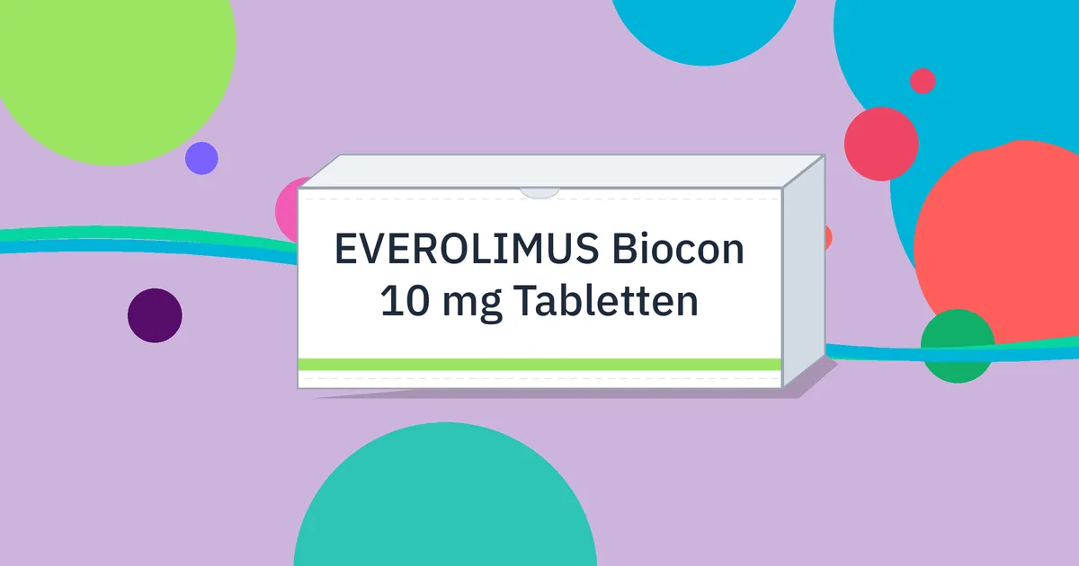 Symbolbild: Packung mit der Aufschrift EVEROLIMUS Biocon 10 mg Tabletten (PZN 17973971) – Verfügbarkeit und Bezug in Apotheken in Frankfurt am Main