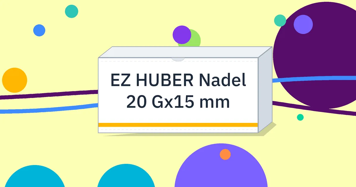 Symbolbild: Packung mit der Aufschrift EZ HUBER Nadel 20 Gx15 mm (PZN 06945316) – Verfügbarkeit und Bezug in Apotheken in Frankfurt am Main